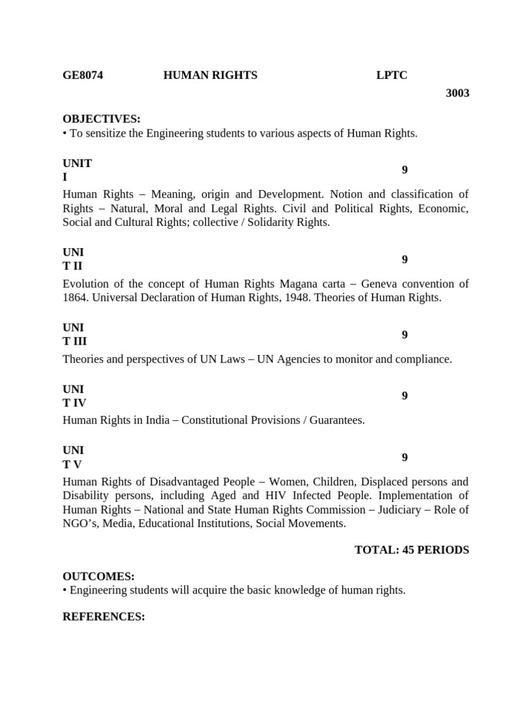 GE8074 - Human Rights (HR) - Syllabus | PDF