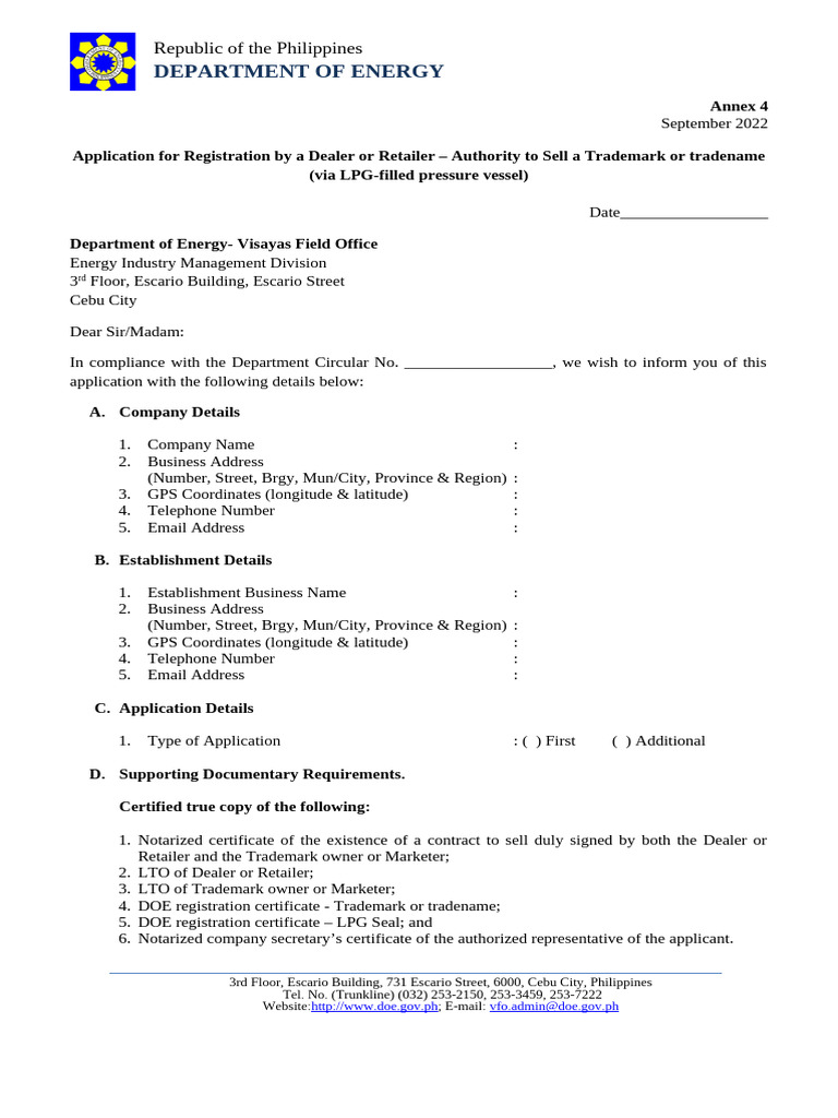 Annex 4 - Registration - Authority To Sell LPG-filled Pressure Vessel ...