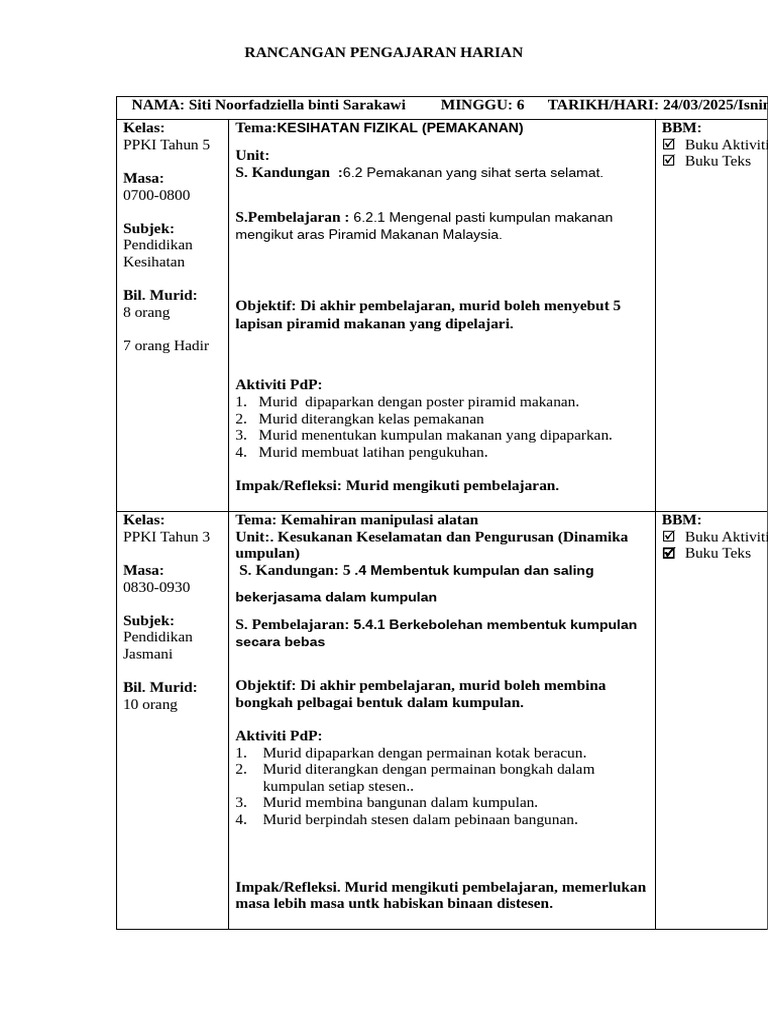 Rancangan Pengajaran Harian Minggu 6 Pdf