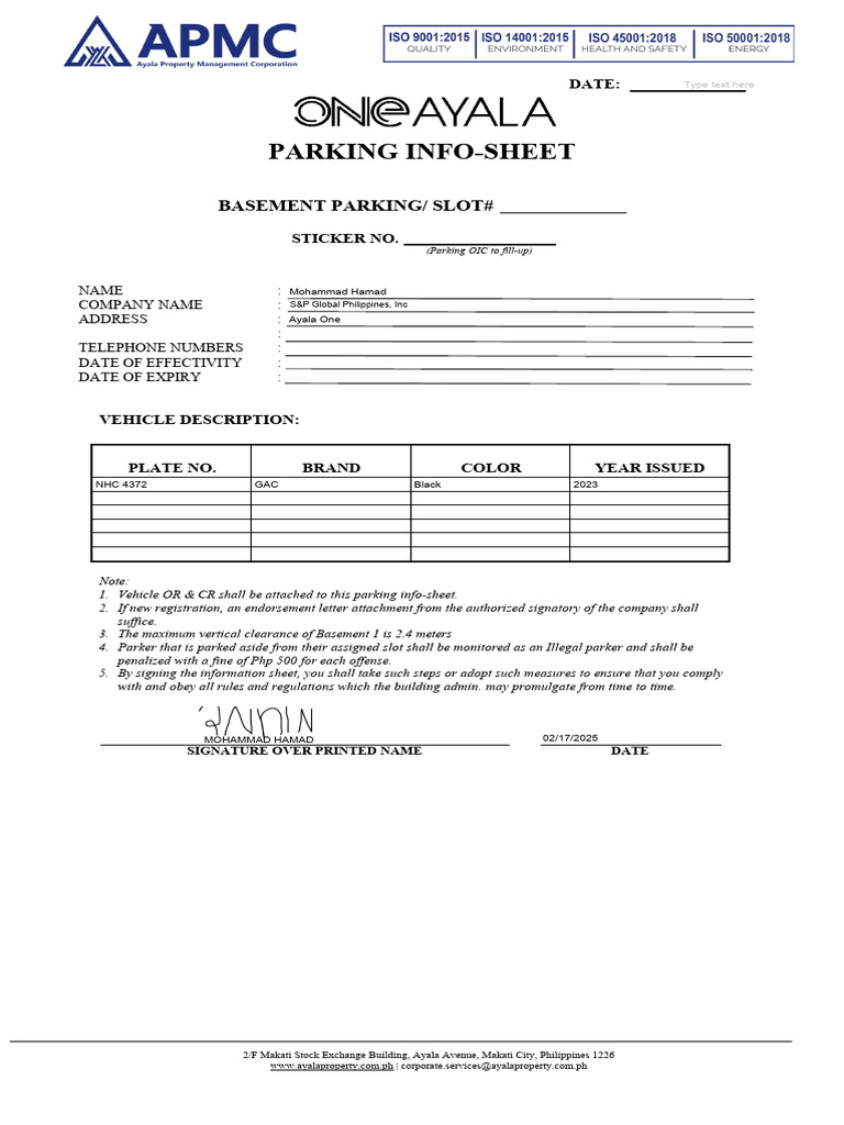 APMC - Parking Info Sheet - Mhamad - Signed | PDF