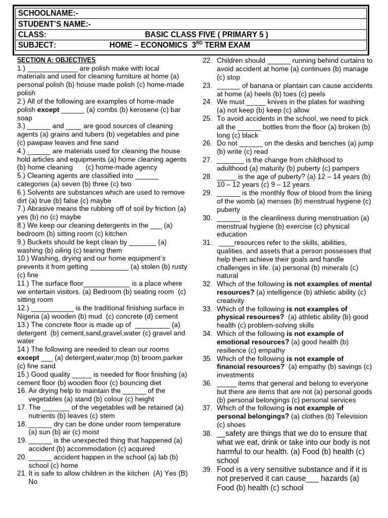 Pry5 Home Econs 3rd Term Exam | PDF | Cooking | Foods