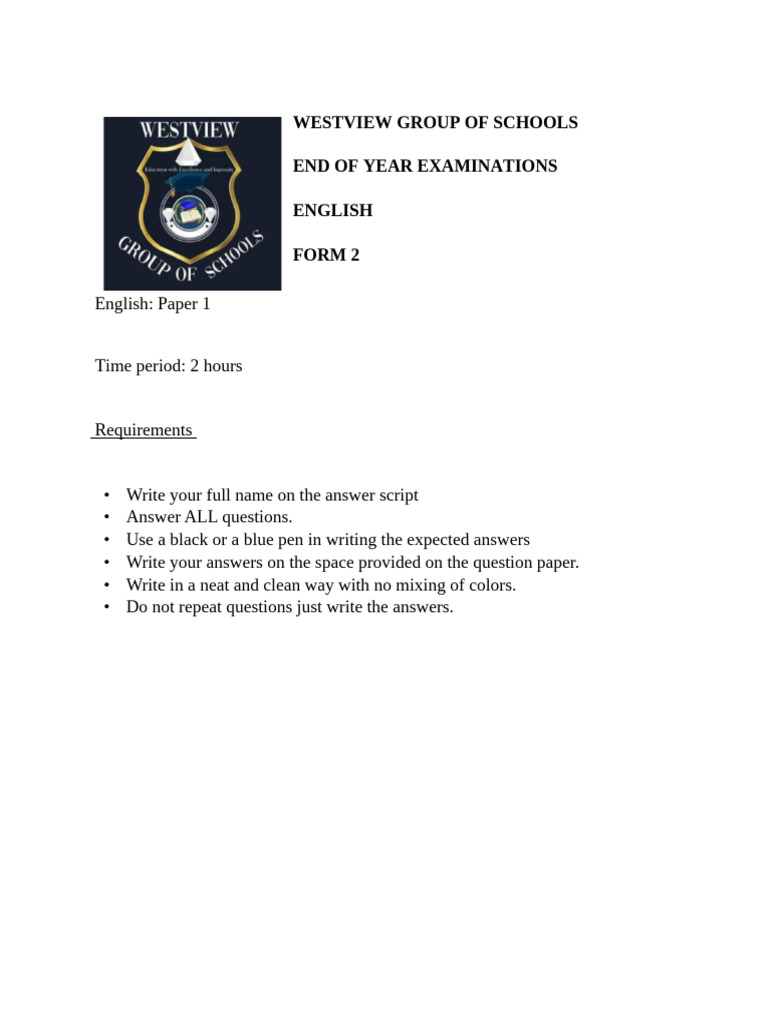 Form 2 English Paper 1 | PDF