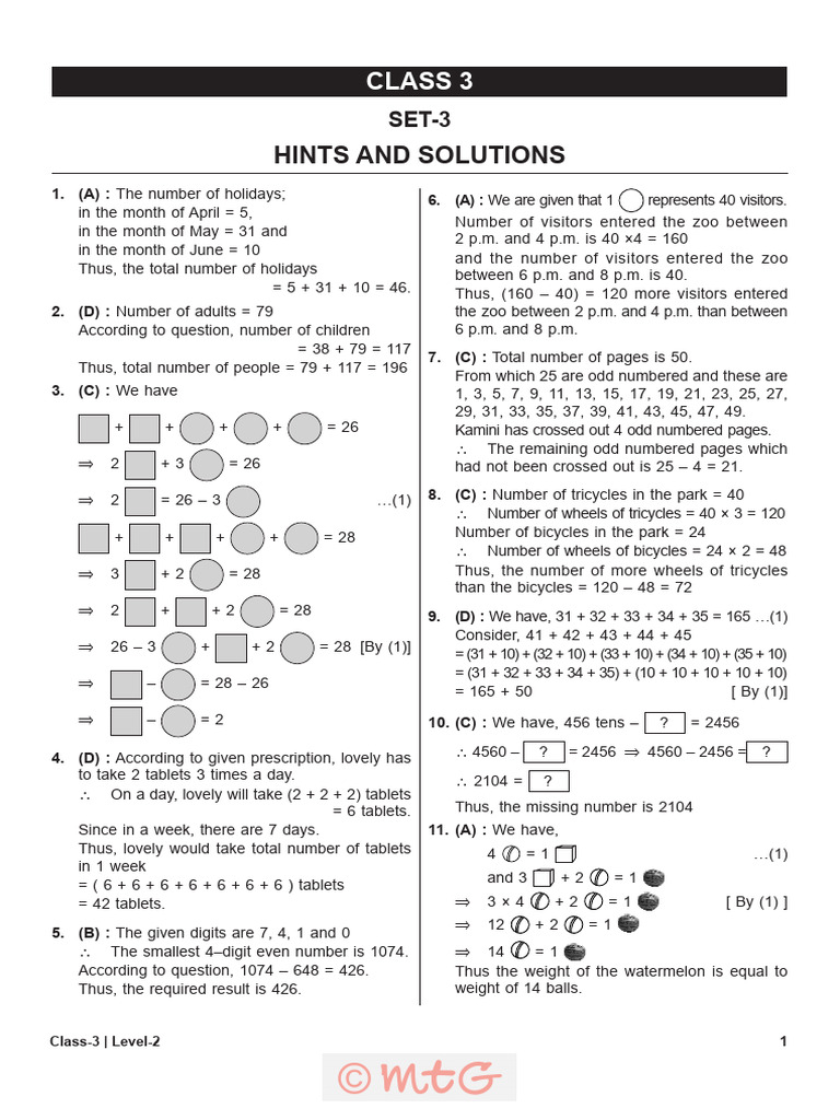 Class 3 Math Solutions and Hints | PDF