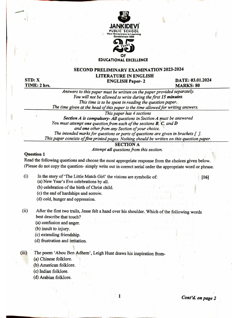 JPS English Literature Prelim 2 Paper 2023-2024 | PDF