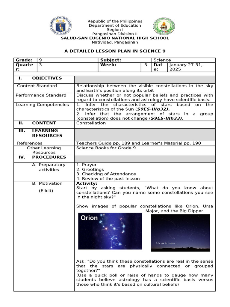 G9-SCIENCE-DLP-Q3-M5-JAN-27-31 | PDF | Constellation | Stars