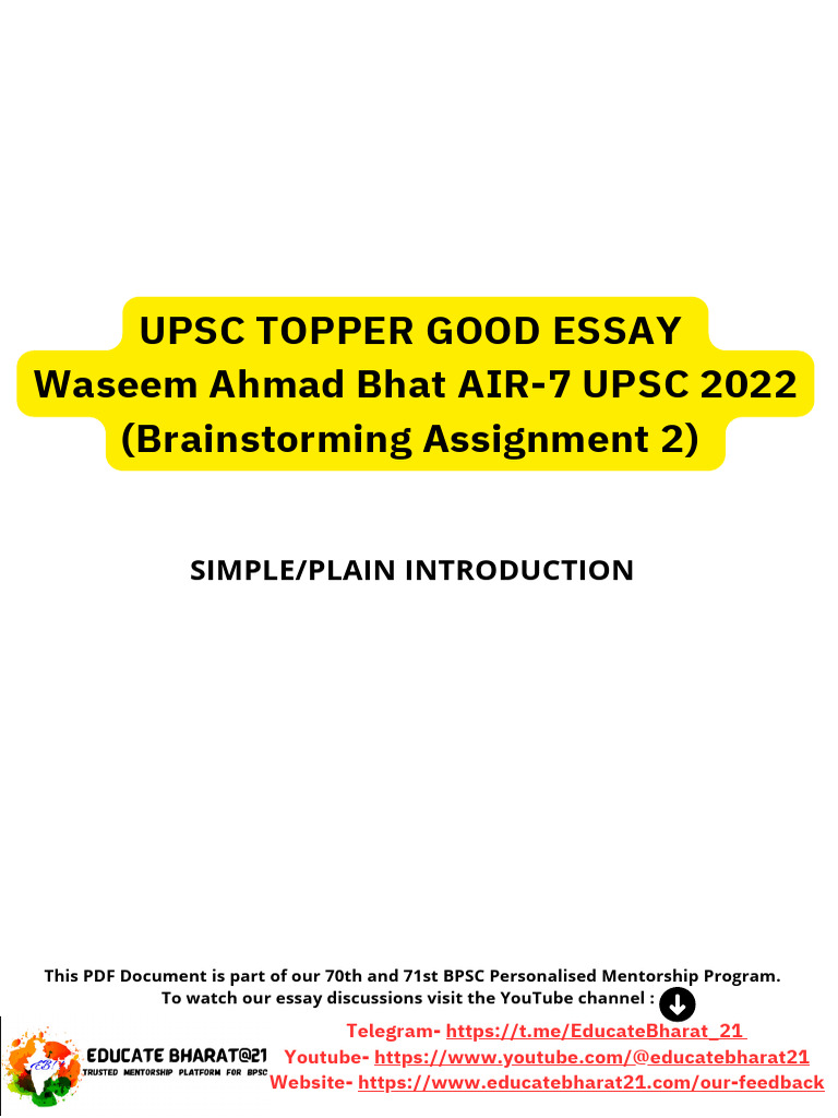 Essay SIMPLE PLAIN INTRO (WASIM BHAT AIR 7 UPSC 2022) | PDF