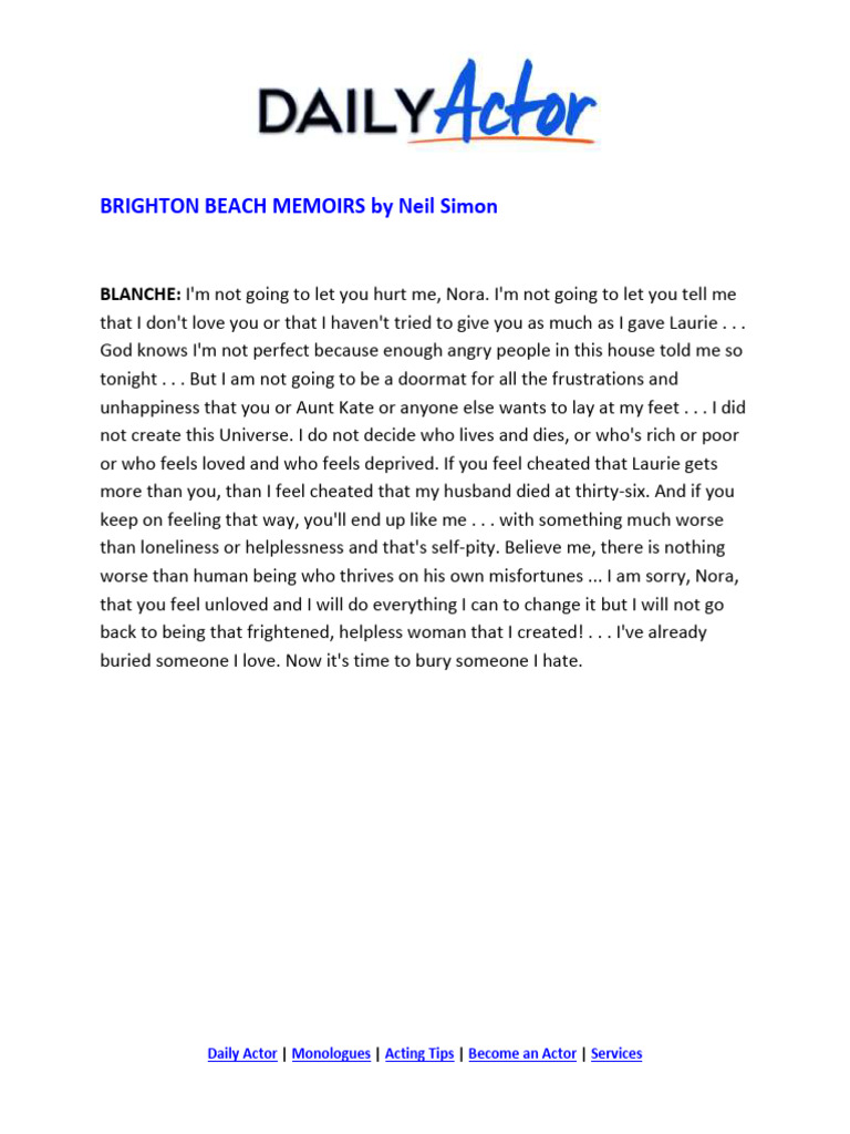 Nora's Monologue in Brighton Beach Memoirs | PDF