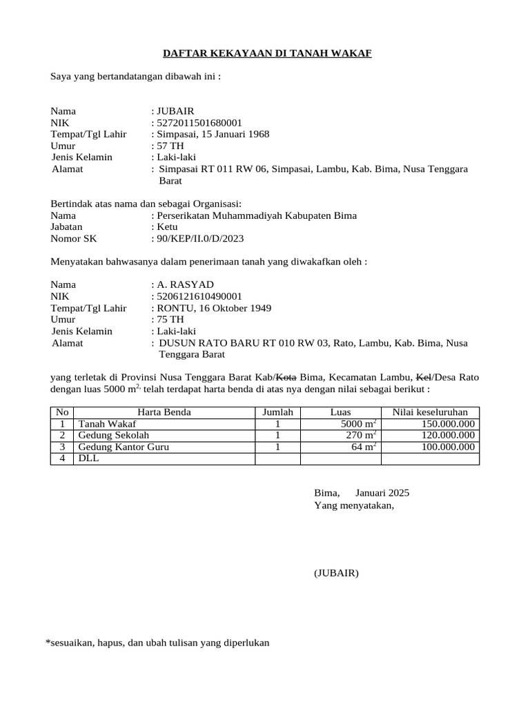 Contoh Surat Wakaf Tanah 2023 | PDF