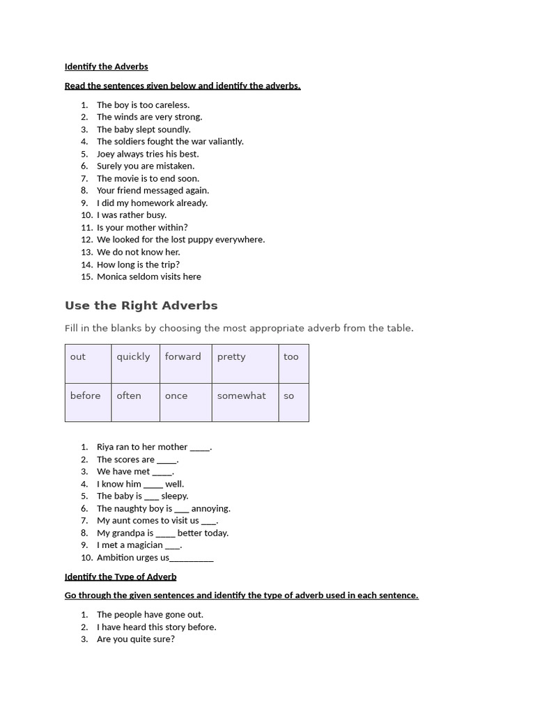 Use The Right Adverbs: Identify The Adverbs Read The Sentences Given ...