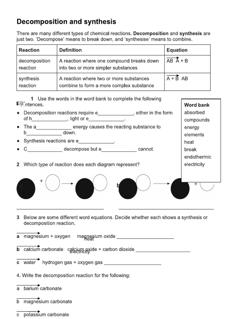 Decomposition and Synthesis Worksheet | PDF