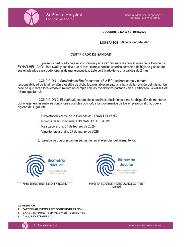Documentos Hospital - CERTIFICADO SANITARIO | PDF