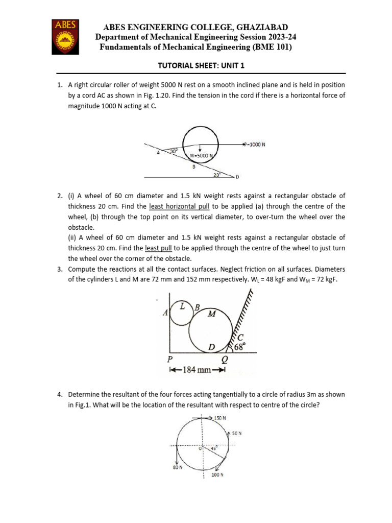 Tutorial sheet FME UNIT 1 | PDF | Elasticity (Physics) | Force