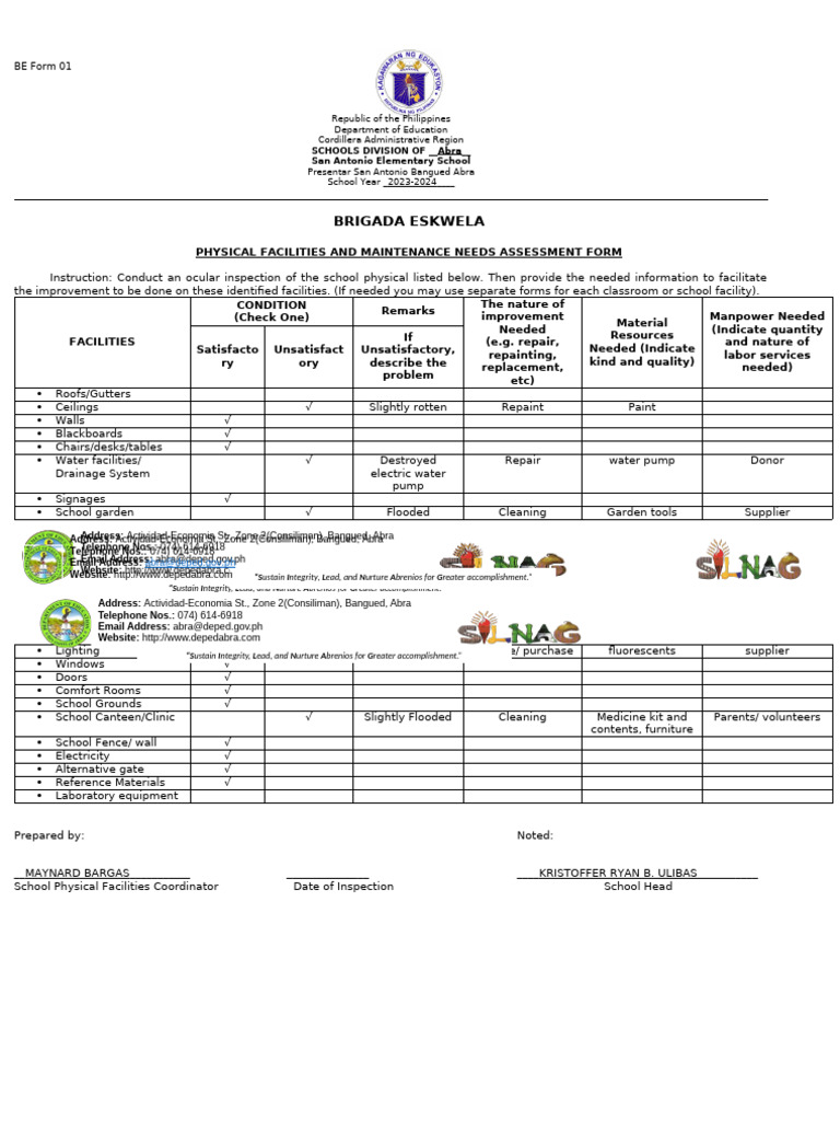 BE Form 1 PHYSICAL FACILITIES AND MAINTENANCE NEEDS ASSESSMENT FORM | PDF