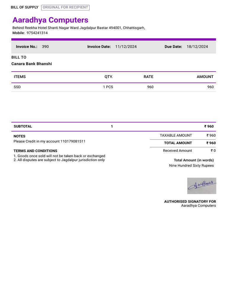 390-Sales Invoice-Canara Bank Bhanshi | PDF