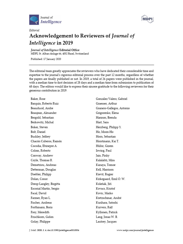 Acknowledgement To Reviewers of Journal of Intelligence in 2019 | PDF