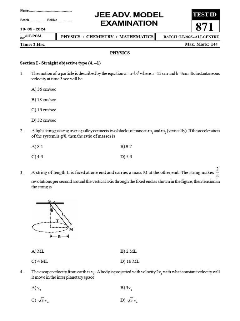 JEE Advanced Model Exam: Physics, Chemistry, Mathematics | PDF ...
