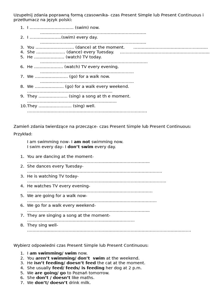 Present Continuous and Simple Klasy 4-6 Ćwiczenia | PDF | Foods | Cuisine