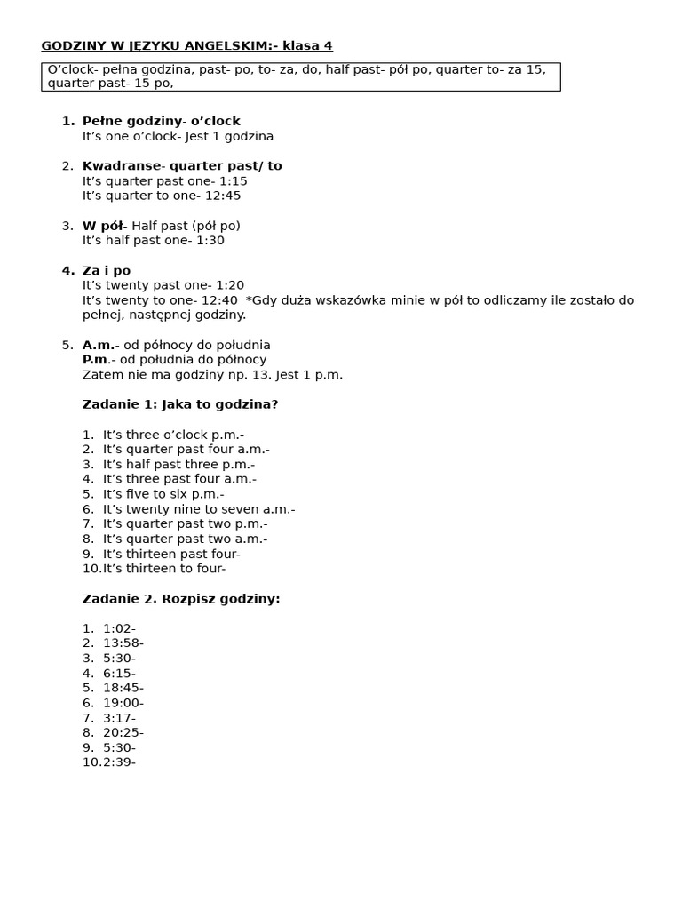 Godziny W Języku Angelskim | PDF