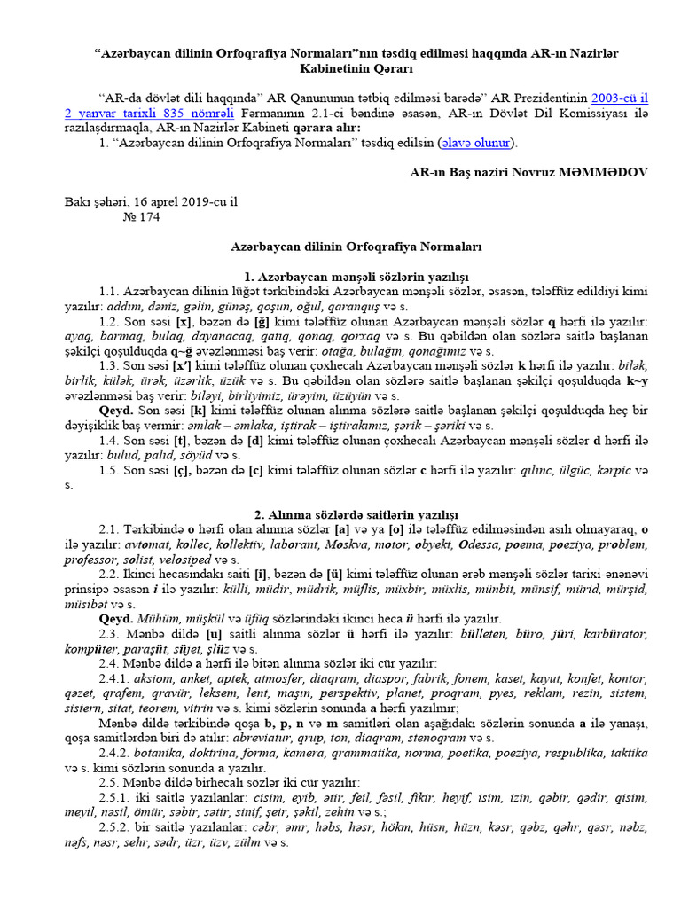 174-"Azərbaycan Dilinin Orfoqrafiya Normaları"nın Təsdiq Edilməsi ...