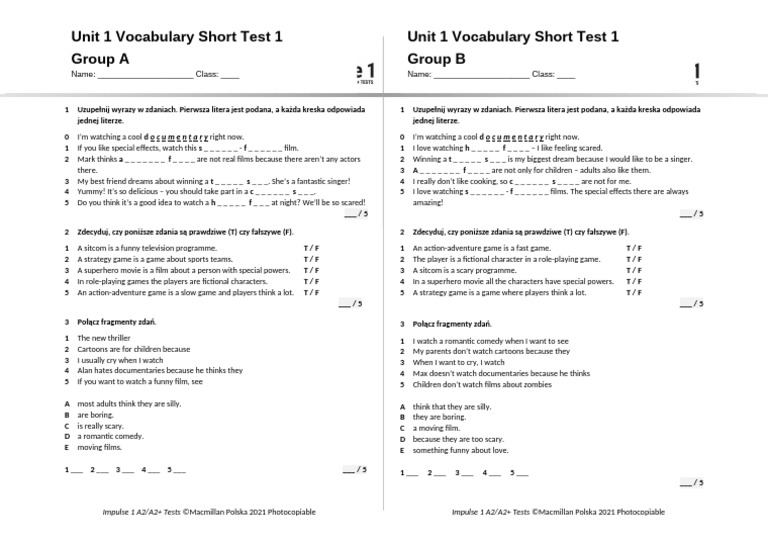 Unit 1 Vocabulary Short Test 1 A+B | PDF
