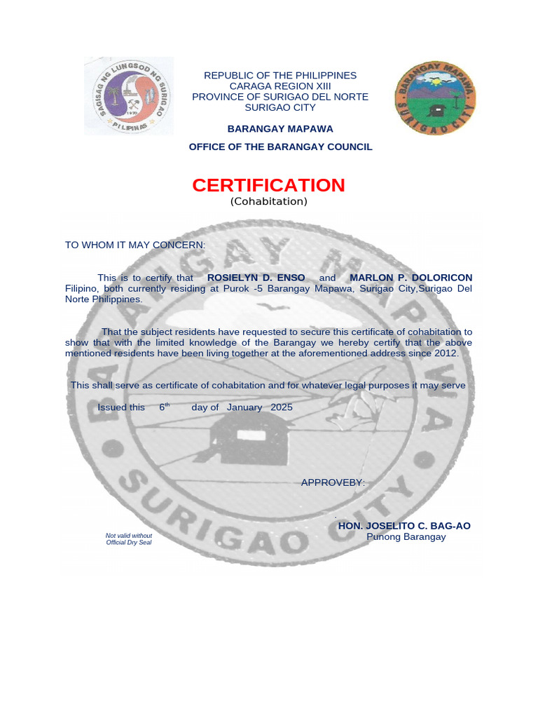 CERTIFICATION OF Living Together | PDF