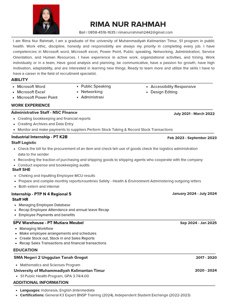 Rima Nur Rahmah: Public Health Graduate Resume | PDF | Business