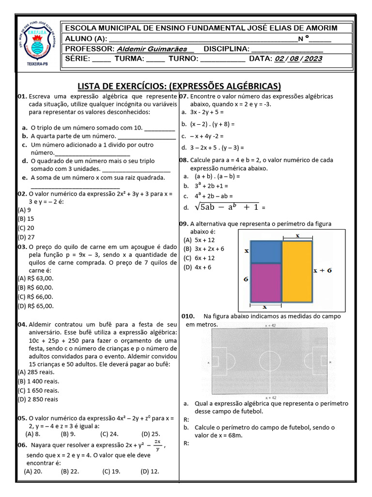 Exercícios de Expressões Algébricas 8º Ano | PDF | Matemática ...