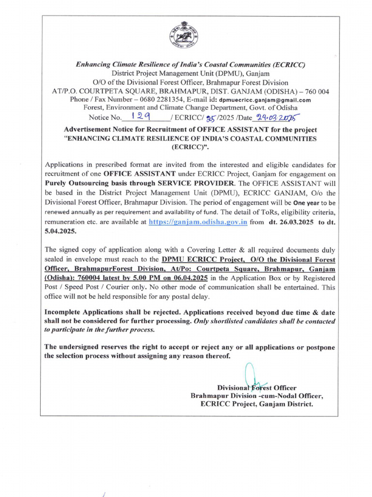 Advt. Office Assistant-ECRICC Project under DFO Behrampur_0 | PDF