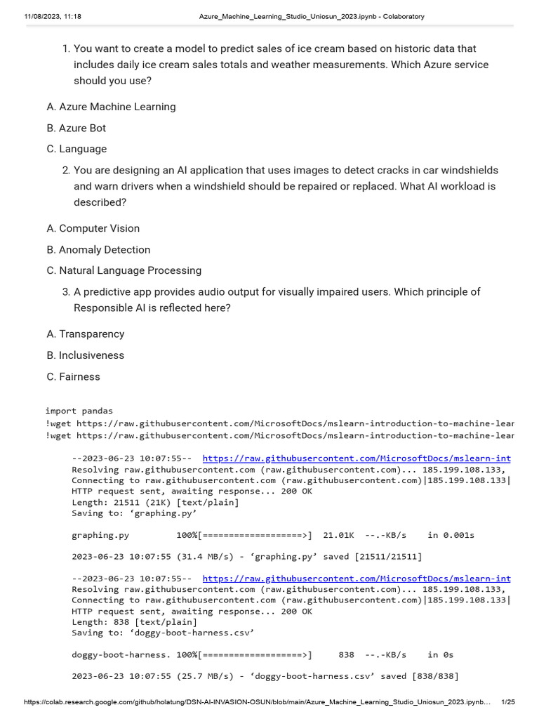 Azure - Machine - Learning - Studio - Uniosun - 2023.ipynb - Colaboratory-1 | PDF | Four Wheel ...