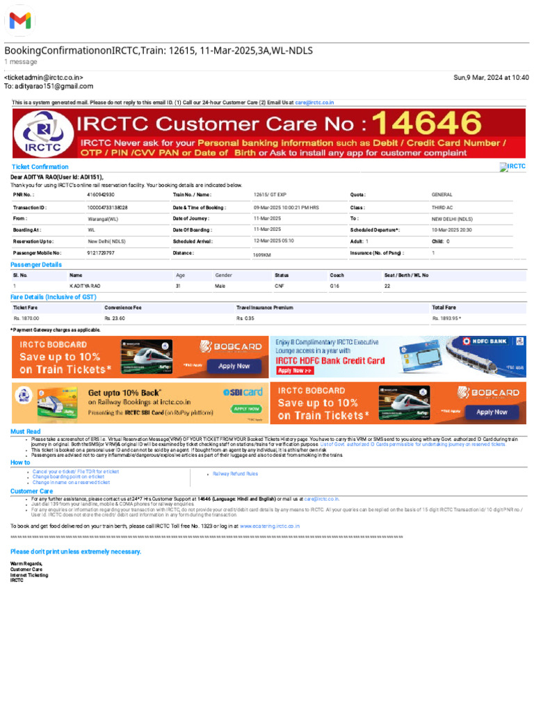 IRCTC Train Ticket Confirmation Details | PDF | Service Industries