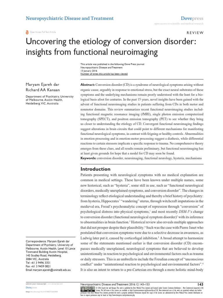 Uncovering the etiology of conversion disorder | PDF | Dorsolateral Prefrontal Cortex | Cerebral ...