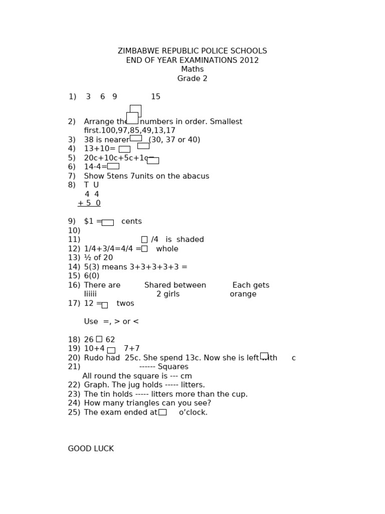 Grade 2 Maths Exam Paper 2012 | PDF