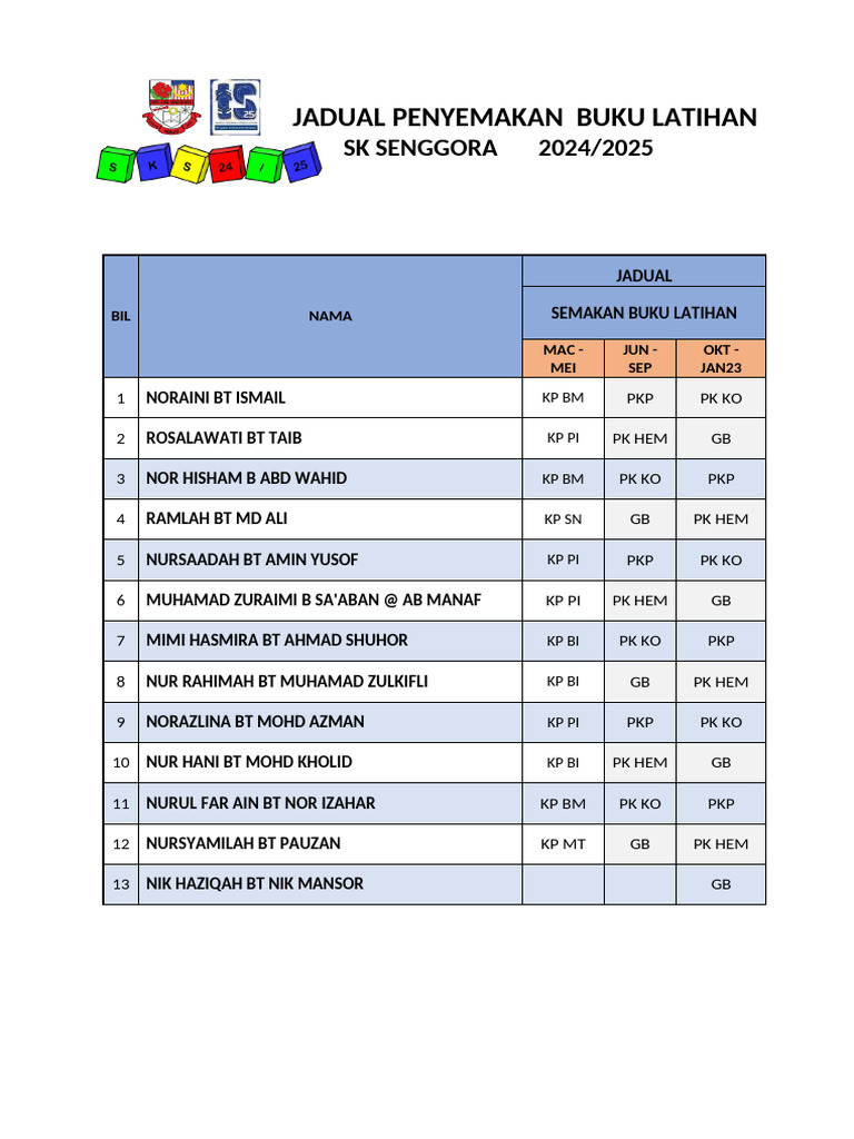 JADUAL PENYEMAKAN BUKU LATIHAN 2024 | PDF