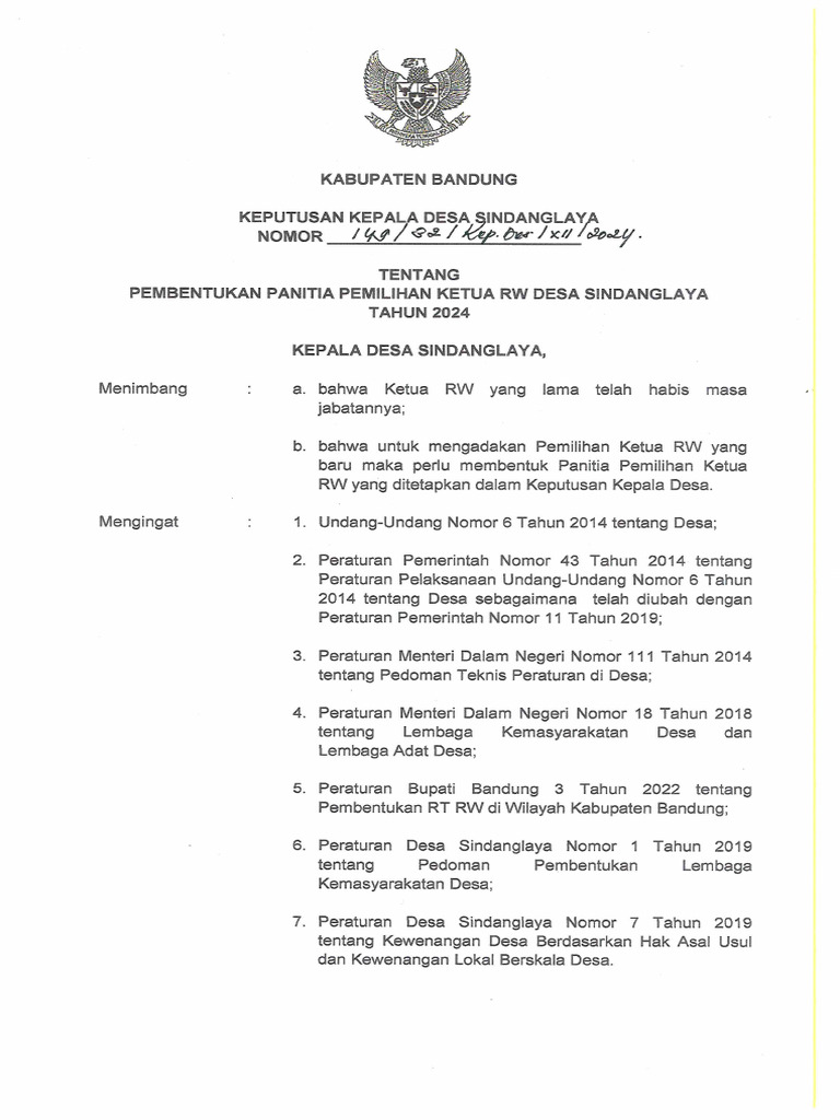 SK Panitia Pemilihan RW Desa Sindanglaya | PDF