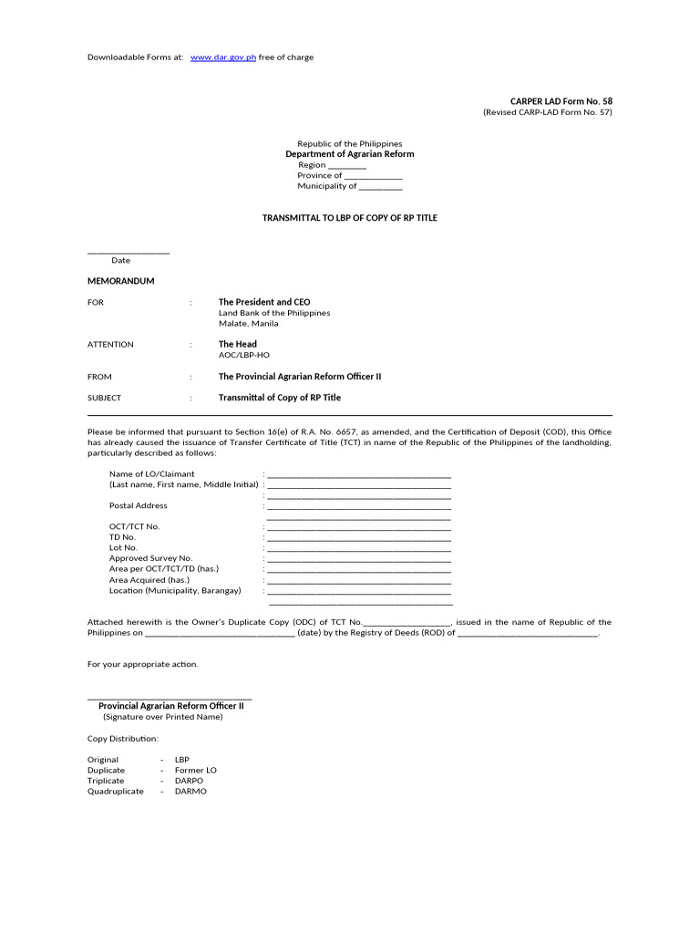CARPER LAD Form No. 58 Transmittal To LBP of Copy of RP Title | PDF ...