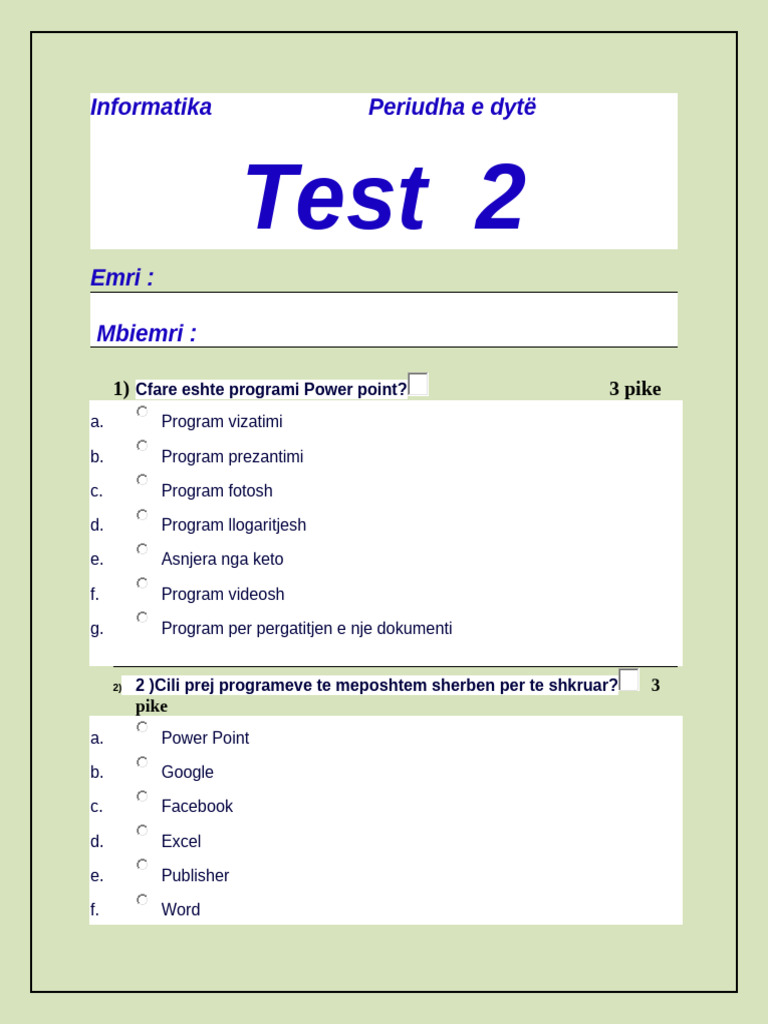 Informatika Klasa 8A Test 2 | PDF