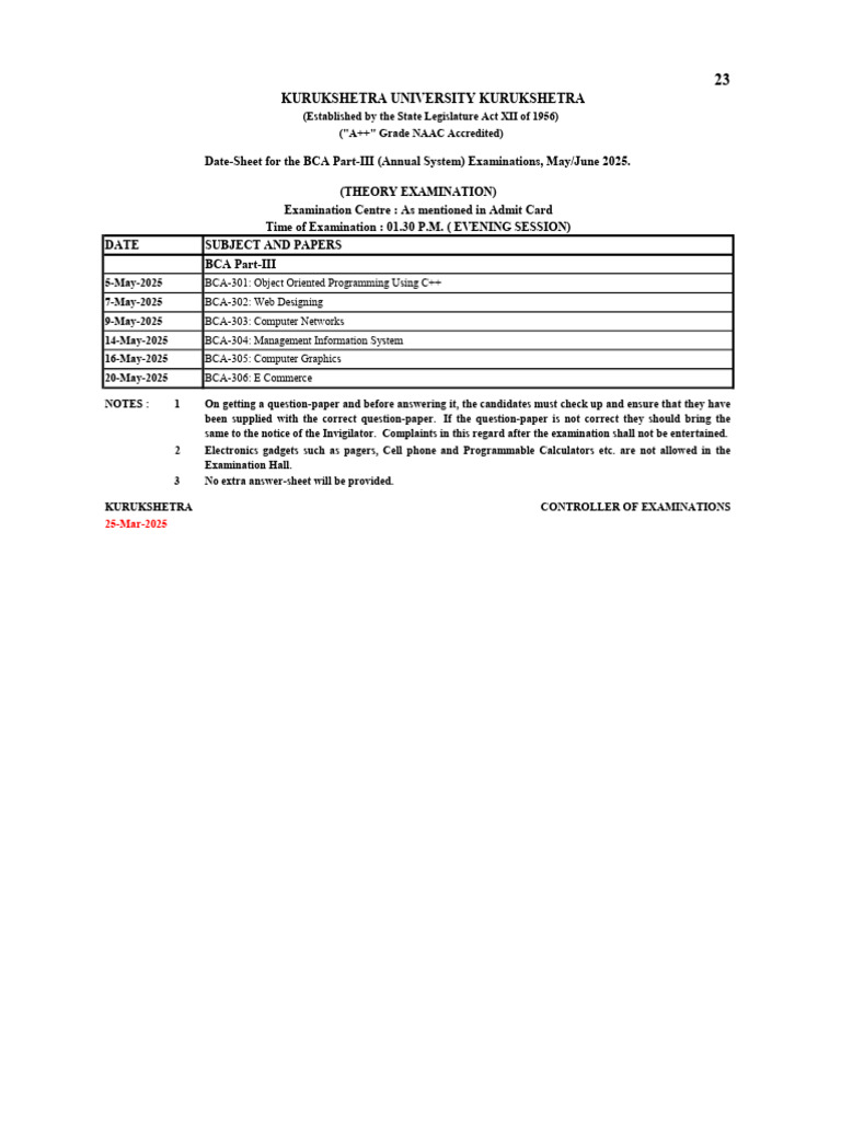BCA Part-III Exam Date Sheet 2025 | PDF