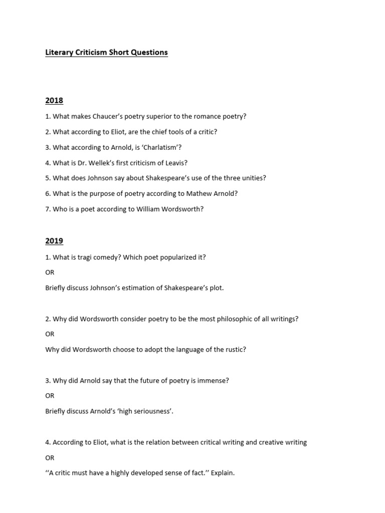 Literary Criticism Exam Questions 2018-2022 | PDF | Poetry | William ...