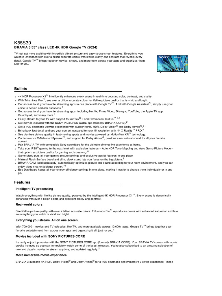 K55S30 Specifications-Sheet 01 | PDF | Hdmi | Apple Tv