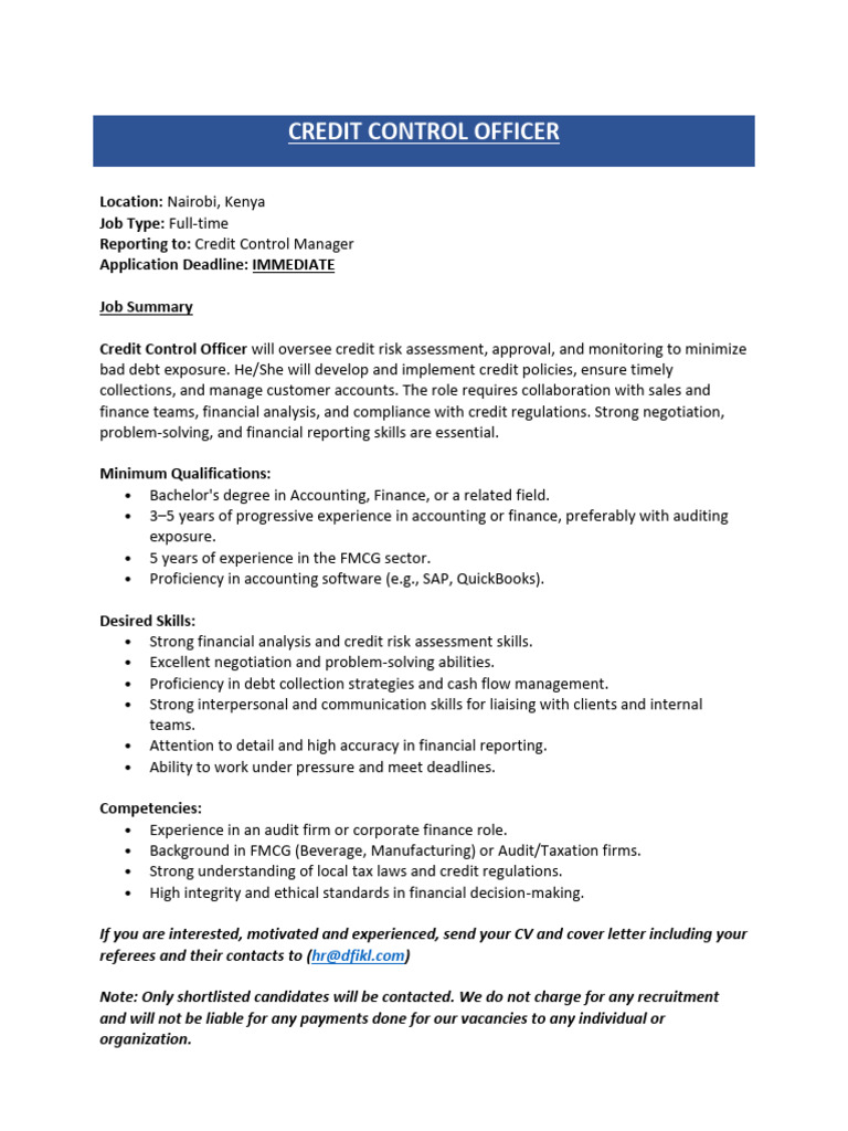 Credit Control Officer Position in Nairobi | PDF | Recruitment | Accounting