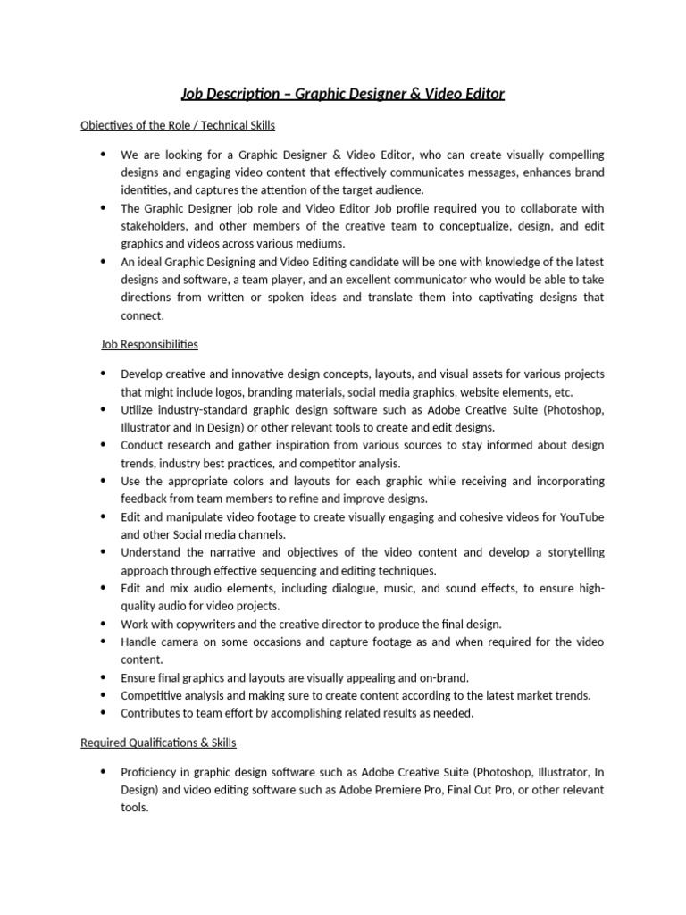 Graphic Designer & Video Editor Job Description | PDF | Graphic Design ...