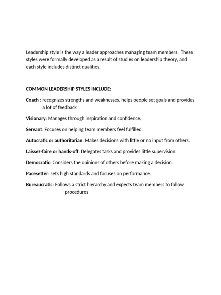 Common Leadership Styles | PDF