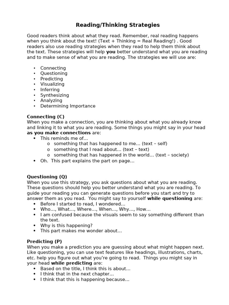 Reading Comprehension Strategies Handout | PDF | Reading Comprehension | Cognition