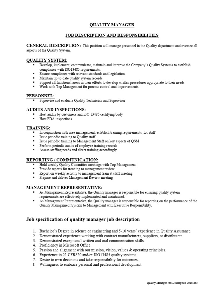 Quality Manager Job Description 2016 | PDF | Quality Management System ...