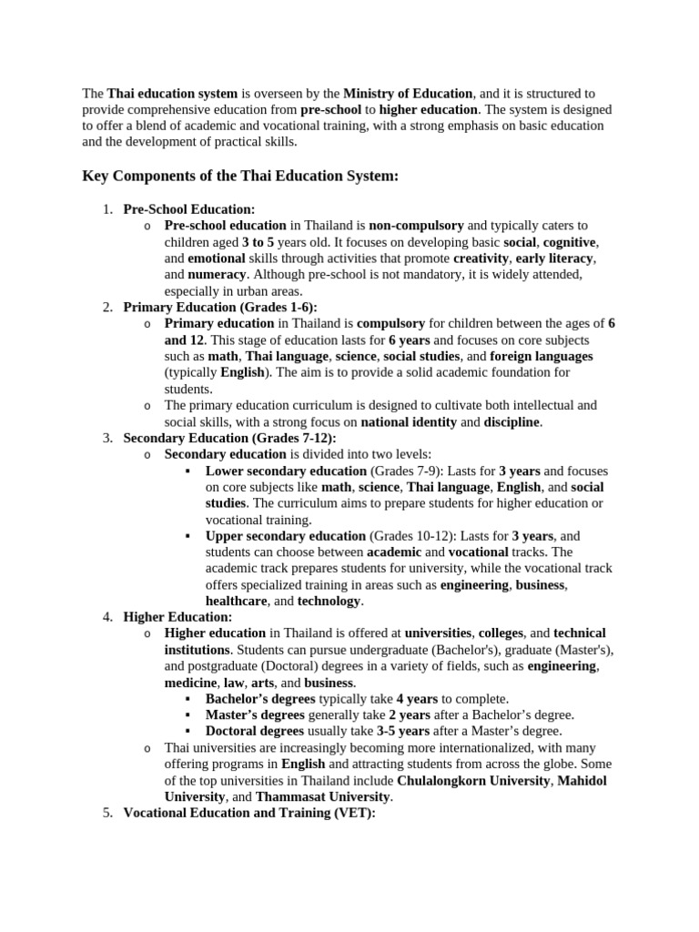 The Thai Education System Is Overseen by The Ministry of Education ...