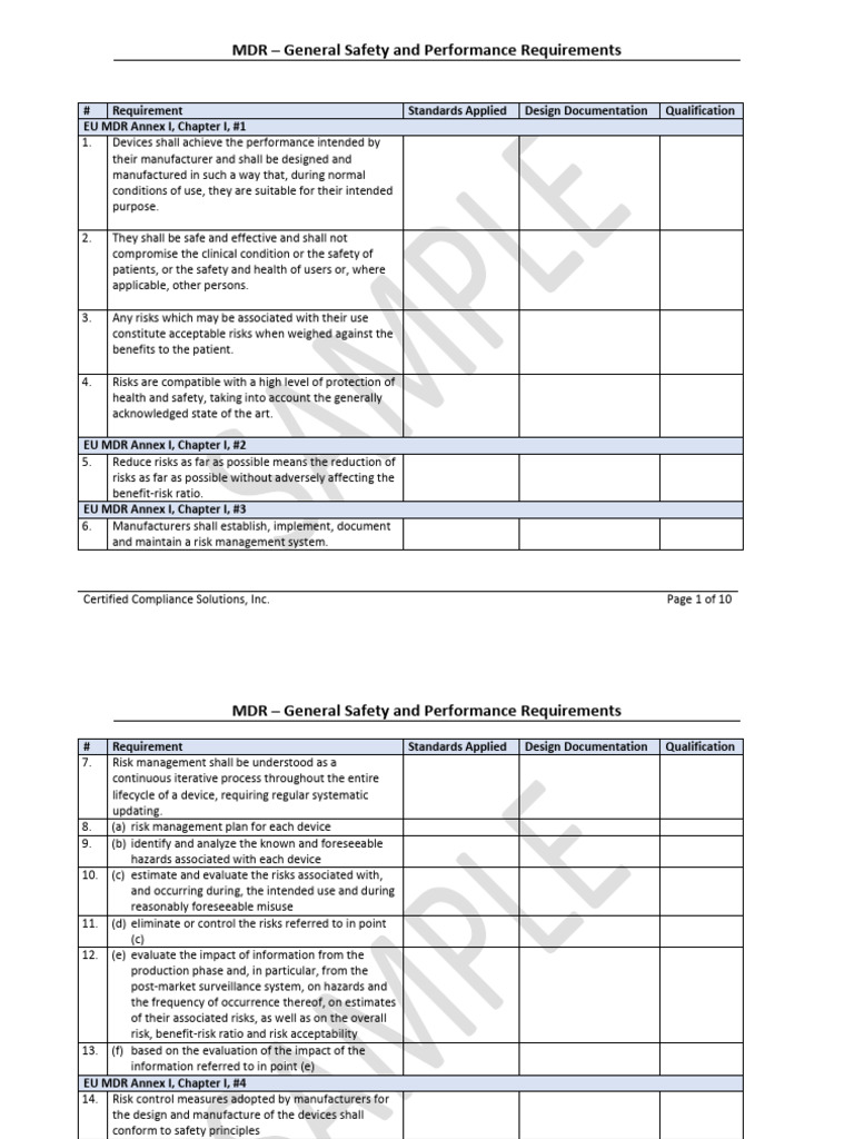 MDR GSPR Checklist Sample | PDF | Risk | Risk Management
