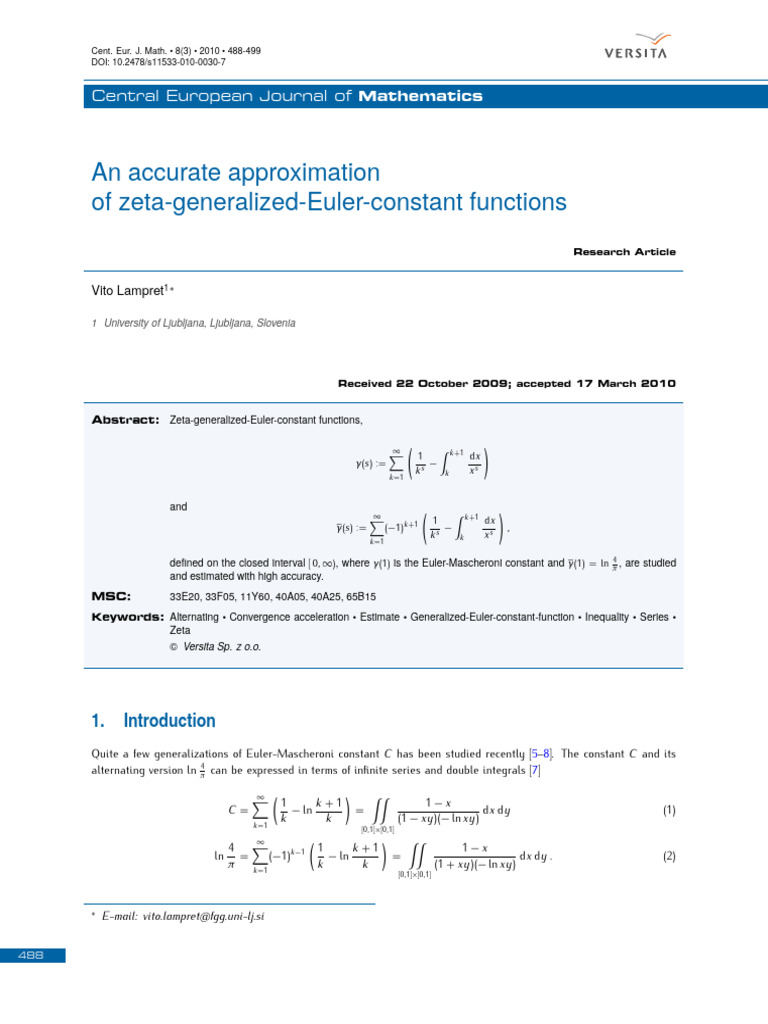 An Accurate Approximation of Zeta-Generalized-Euler-Constant Functions | PDF | Summation ...