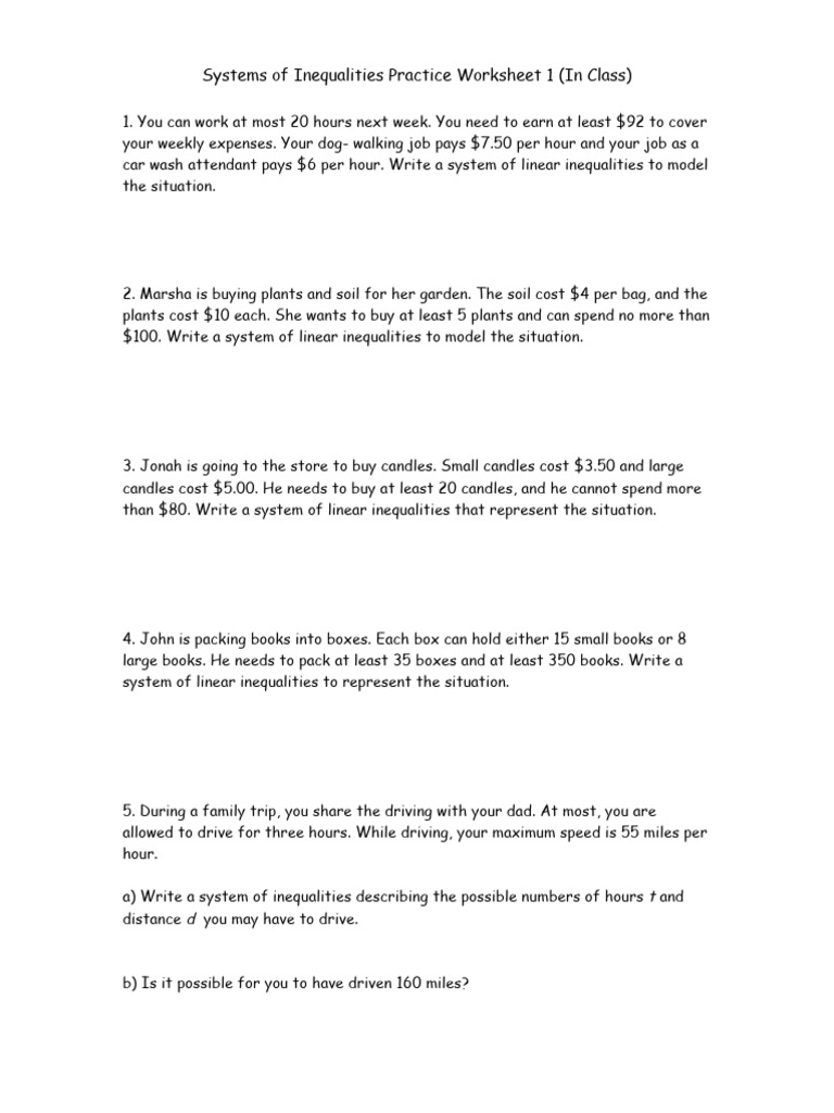 Systems of Linear Inequalities Word Problems WS1 | PDF