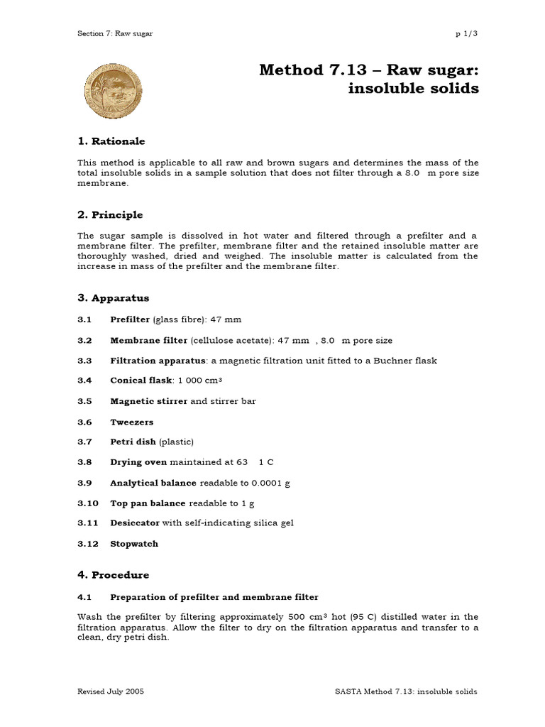 Raw Sugar Insoluble Solids Analysis | PDF | Filtration | Membrane ...