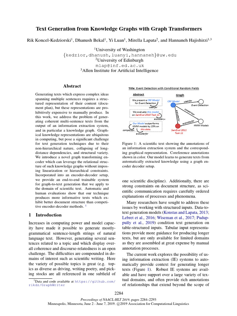 Koncel-Kedziorski et al. (2019) Text Generation from Knowledge Graphs with Graph Transformers ...